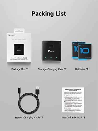 Adaptom Hero 10 Battery 3-Pack, 3-Channel USB Storage Quick Charger for gopro Hero 10 9 Battery, Fully Compatible with Gopro Hero 10 Gopro Hero 9 Black Official