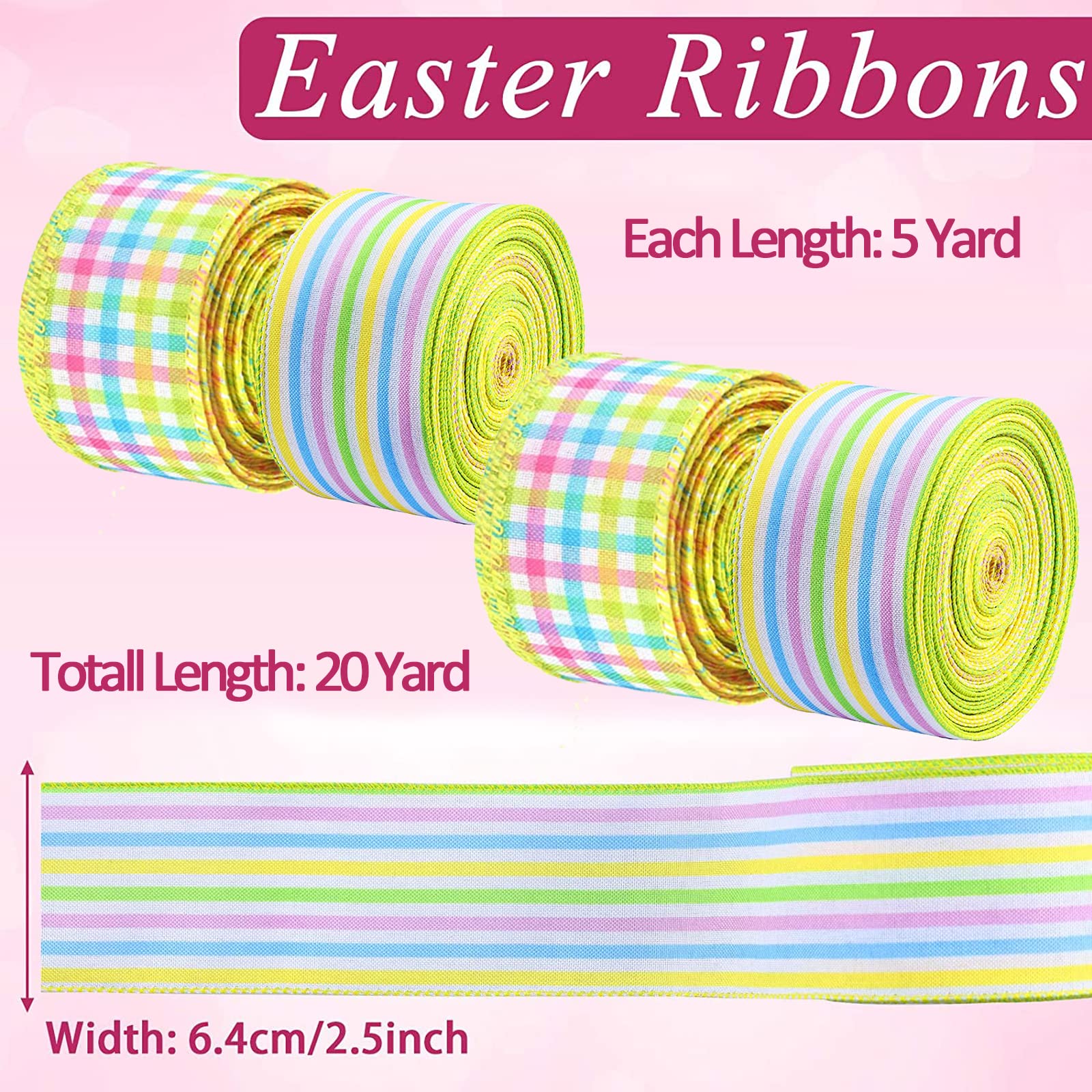 4 Roll 20 Yard Easter Buffalo Plaid Stripe Wired Ribbon, 2.5in Pink Blue Yellow Green Gingham Ribbon for Easter Favors Gift Wrapping Spring Home Decor DIY Crafts Hairbow Wreath Bouquet Craft Supplies