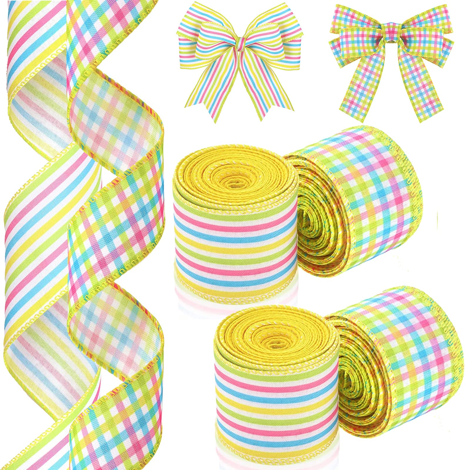 4 Roll 20 Yard Easter Buffalo Plaid Stripe Wired Ribbon, 2.5in Pink Blue Yellow Green Gingham Ribbon for Easter Favors Gift Wrapping Spring Home Decor DIY Crafts Hairbow Wreath Bouquet Craft Supplies