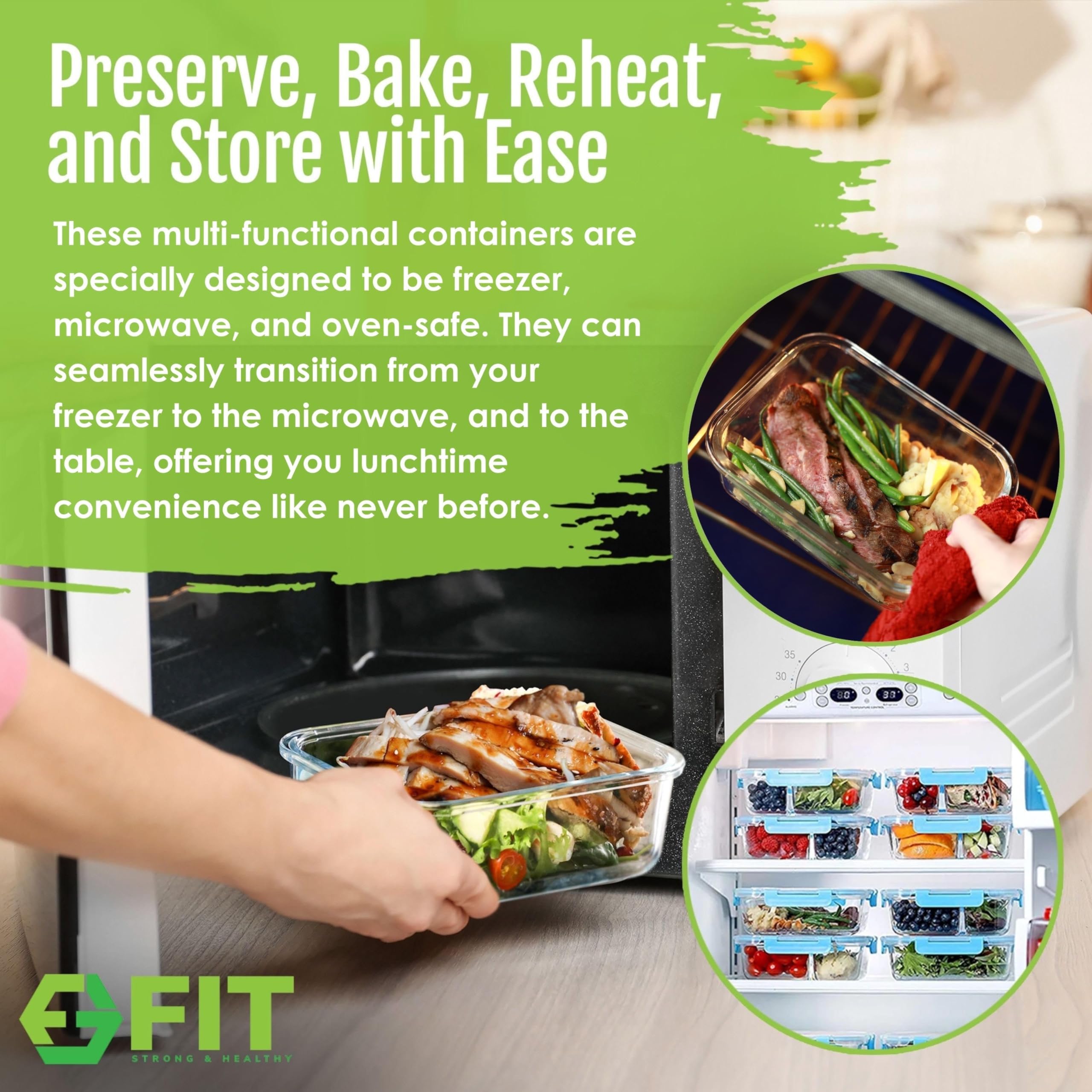 1 & 2 & 3 Compartment Glass Meal Prep Containers (3 Pack, 35 oz) - Glass Food Storage Containers with Lids, Glass Lunch Box, Glass Bento Box Lunch Containers, Portion Control, Airtight