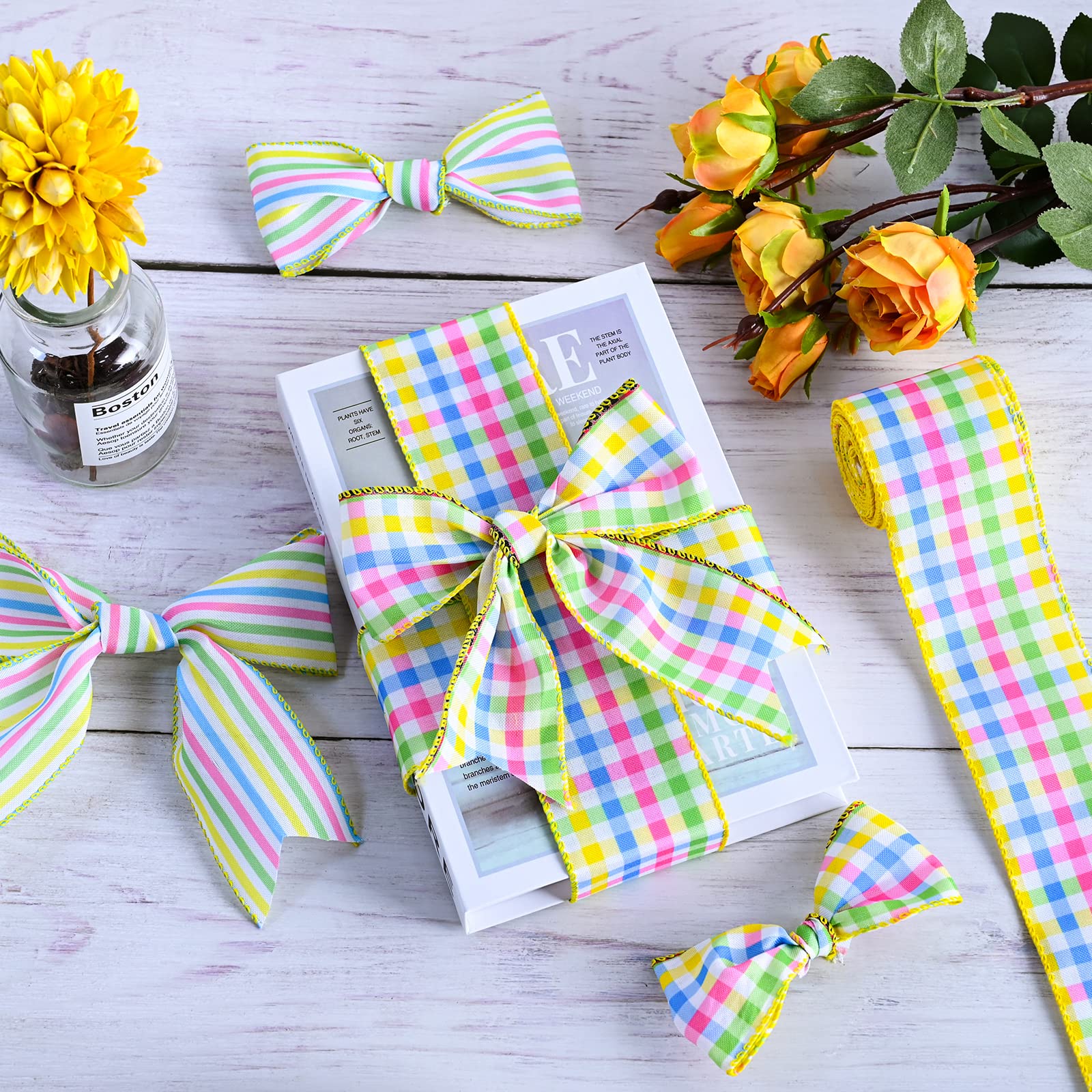 4 Roll 20 Yard Easter Buffalo Plaid Stripe Wired Ribbon, 2.5in Pink Blue Yellow Green Gingham Ribbon for Easter Favors Gift Wrapping Spring Home Decor DIY Crafts Hairbow Wreath Bouquet Craft Supplies
