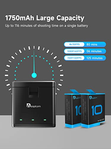 Adaptom Hero 10 Battery 3-Pack, 3-Channel USB Storage Quick Charger for gopro Hero 10 9 Battery, Fully Compatible with Gopro Hero 10 Gopro Hero 9 Black Official