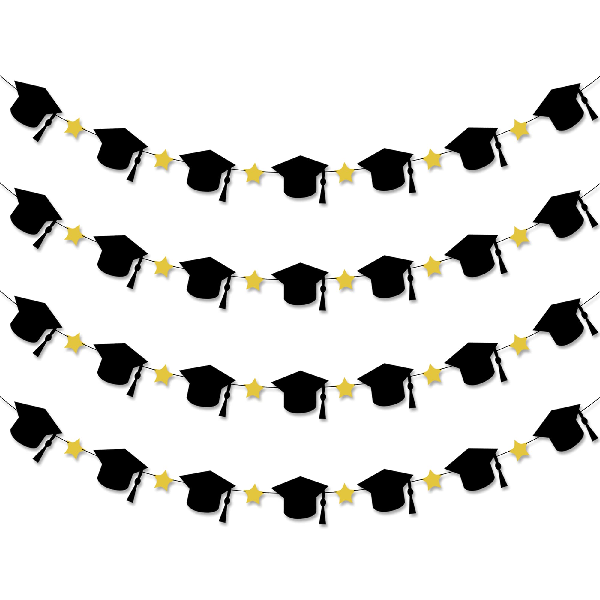 Felt, Black Graduation Cap Garland - 4 String, No DIY | Graduation Garland, Black and Gold Graduation Decorations | Graduation Banner for Graduation Party Decorations 2023 | Graduation Cap Decorations