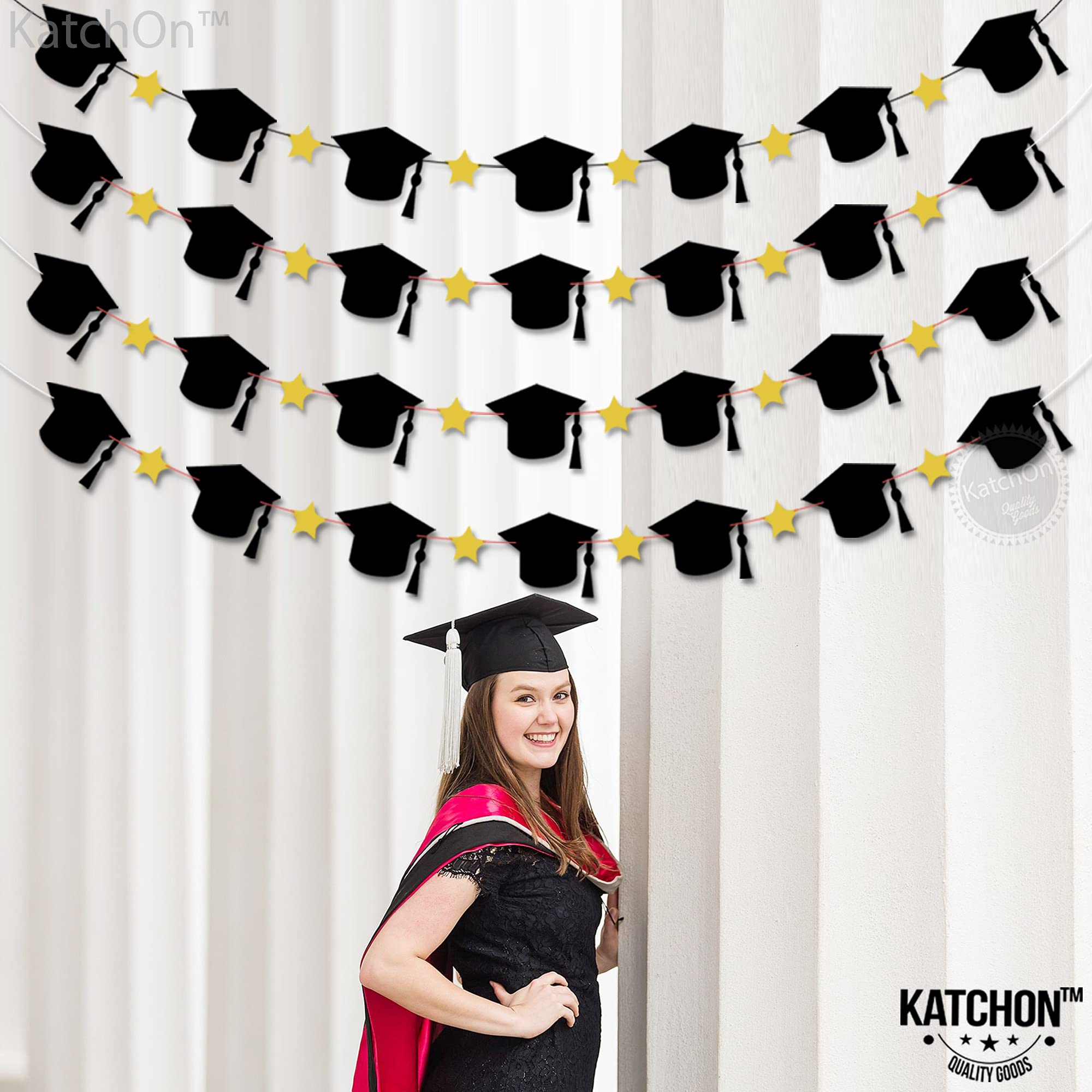 Felt, Black Graduation Cap Garland - 4 String, No DIY | Graduation Garland, Black and Gold Graduation Decorations | Graduation Banner for Graduation Party Decorations 2023 | Graduation Cap Decorations