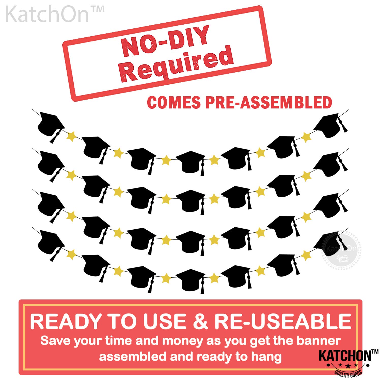 Felt, Black Graduation Cap Garland - 4 String, No DIY | Graduation Garland, Black and Gold Graduation Decorations | Graduation Banner for Graduation Party Decorations 2023 | Graduation Cap Decorations