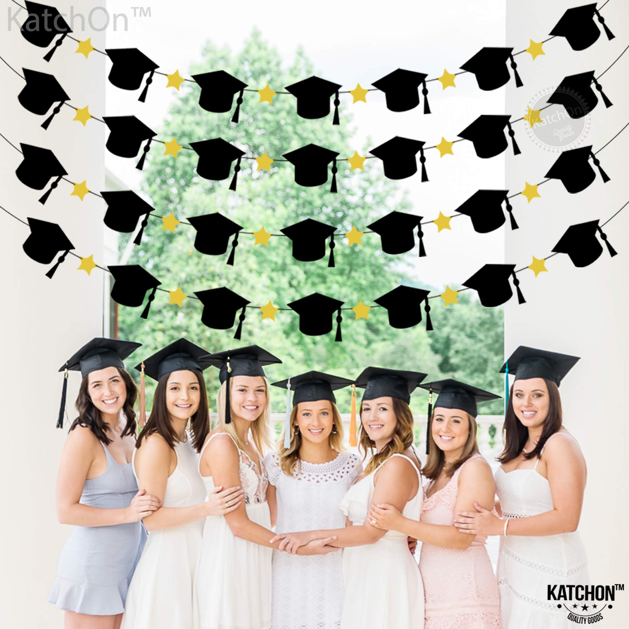 Felt, Black Graduation Cap Garland - 4 String, No DIY | Graduation Garland, Black and Gold Graduation Decorations | Graduation Banner for Graduation Party Decorations 2023 | Graduation Cap Decorations