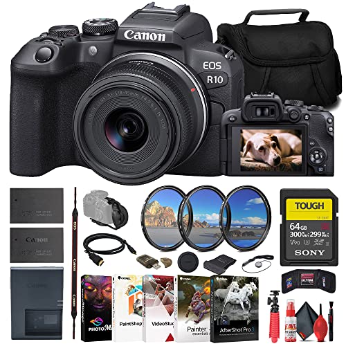 Canon EOS R10 Mirrorless Camera with 18-45mm Lens (5331C009) + Sony 64GB Tough SD Card + Filter Kit + Bag + Charger + LPE17 Battery + Card Reader + Corel Photo Software + HDMI Cable + More (Renewed)