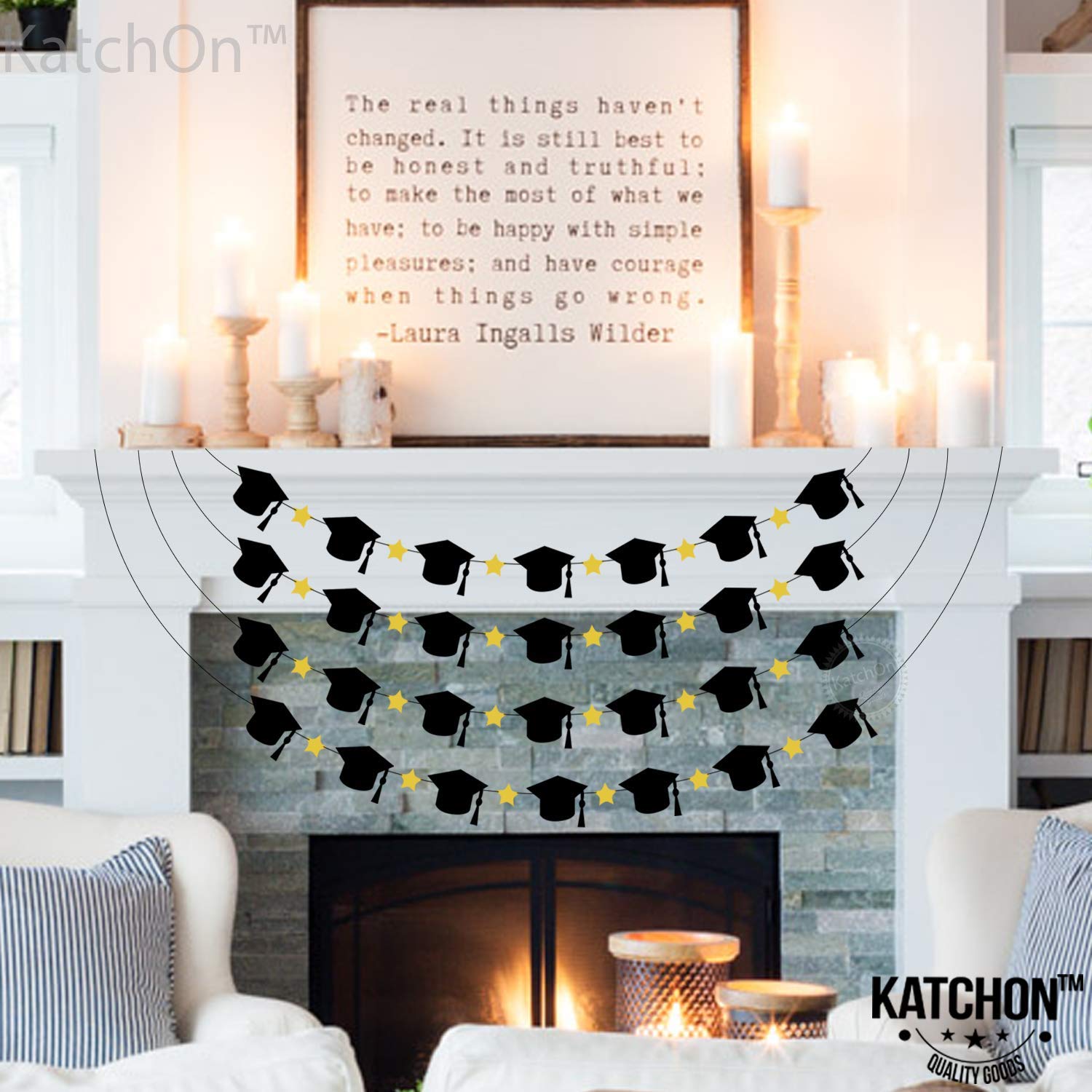 Felt, Black Graduation Cap Garland - 4 String, No DIY | Graduation Garland, Black and Gold Graduation Decorations | Graduation Banner for Graduation Party Decorations 2023 | Graduation Cap Decorations