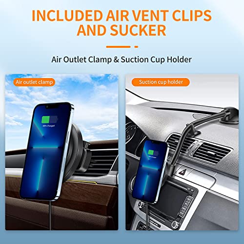 Magnetic Wireless Car Charger for iPhone 14 Pro Max/14 Pro/14/14 Plus/Magsafe case,iPhone 13/12 Series,OTAO Air Vent Clip [with QC3.0 Adapter] Windshield Dashboard Car Mount Phone Holder