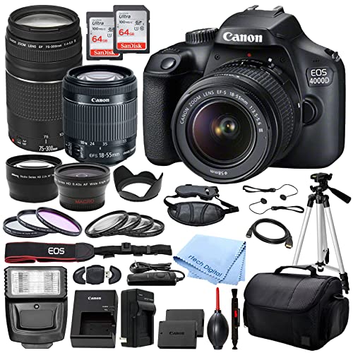 Canon EOS 4000D Rebel T100 DSLR Camera with EF-S 18-55mm DC III & 75-300mm III Lenses & Deluxe Accessory Bundle – Includes: 2X SanDisk Ultra 64GB SDHC Memory Card, Spare Battery, & More (Renewed)