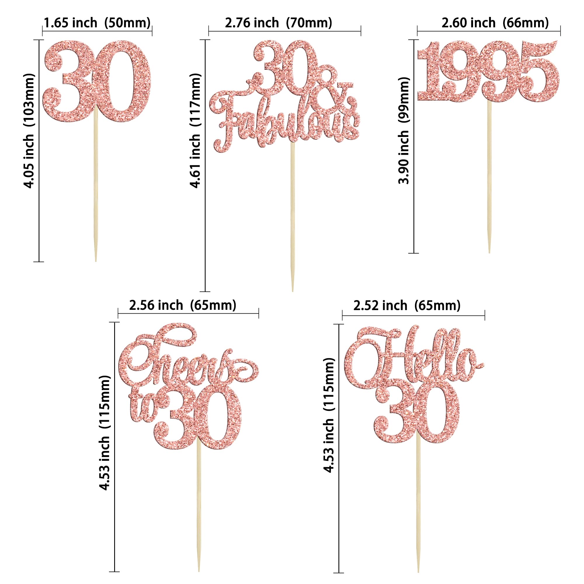 Gyufise 30Pcs 30th Birthday Cupcake Toppers Glitter Hello 30 Cupcake Topper Cheers to 30 1995 Thirty Cupcake Picks for Happy 30th Birthday Anniversary Party Cake Decorations Rose Gold