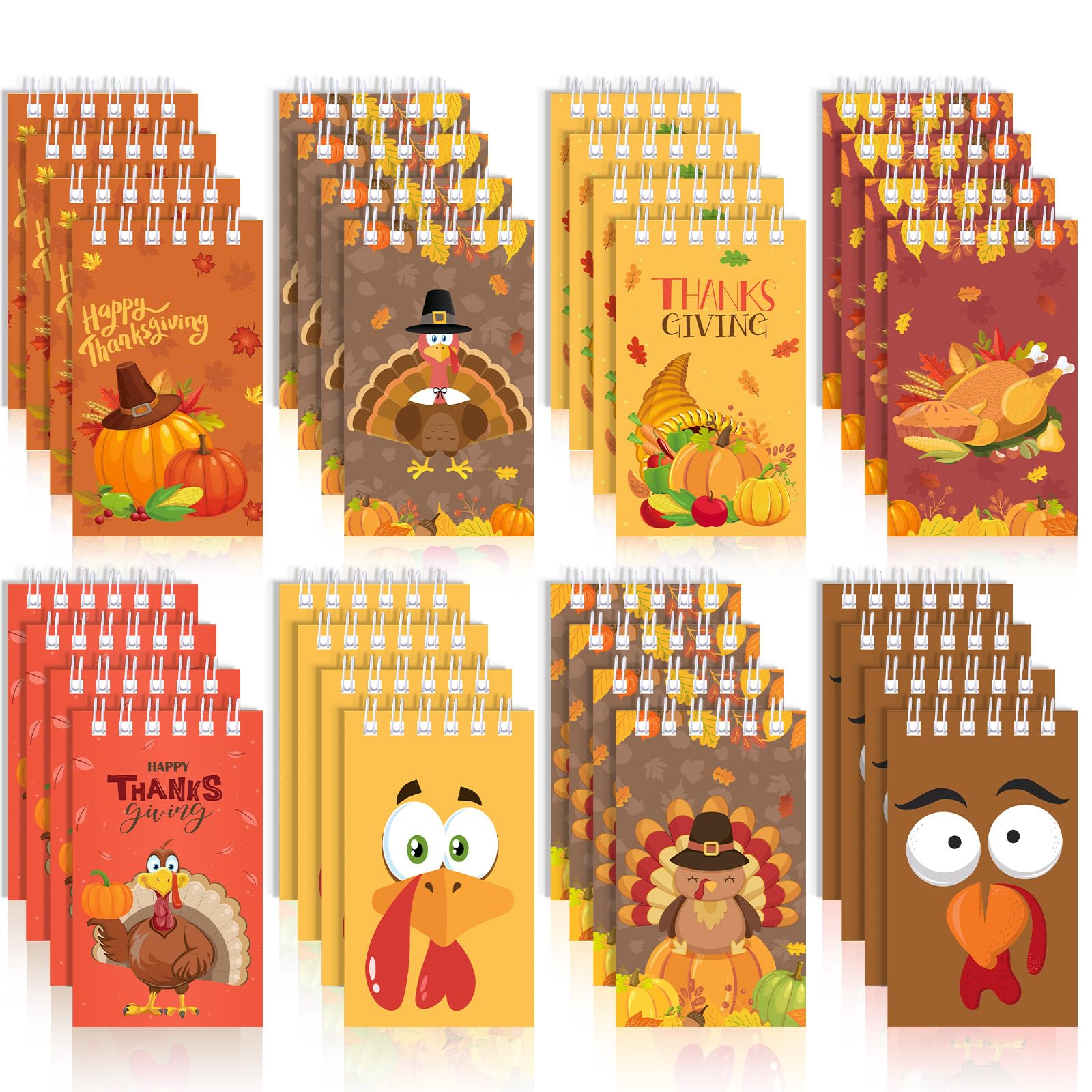 Pasimy 48 Pcs Thanksgiving Notepads Fall Thanksgiving Party Favor Harvest Small Spiral Notebooks Turkey Pumpkin Leaves Memo Pad for Thanksgiving Autumn Birthday Baby Shower Party Supplies(Cartoon)