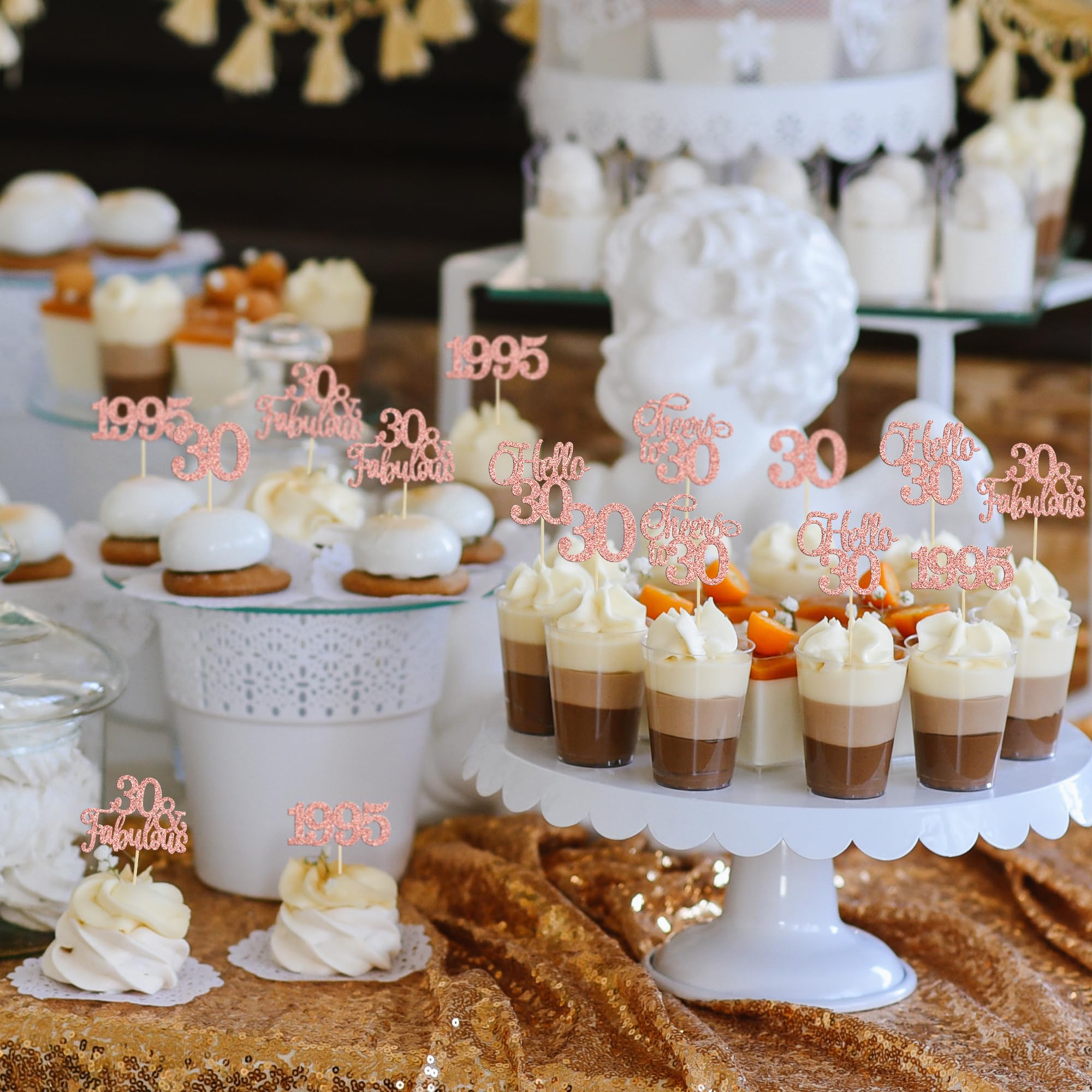 Gyufise 30Pcs 30th Birthday Cupcake Toppers Glitter Hello 30 Cupcake Topper Cheers to 30 1995 Thirty Cupcake Picks for Happy 30th Birthday Anniversary Party Cake Decorations Rose Gold