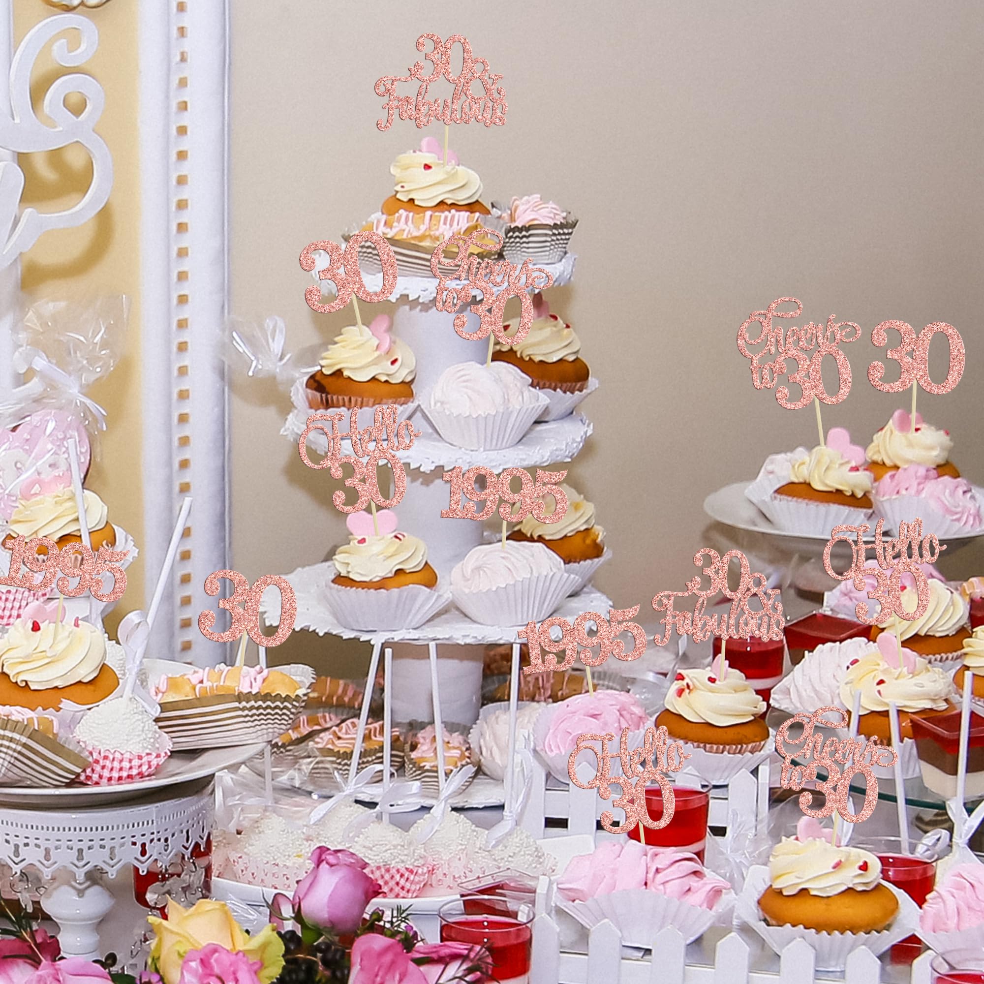Gyufise 30Pcs 30th Birthday Cupcake Toppers Glitter Hello 30 Cupcake Topper Cheers to 30 1995 Thirty Cupcake Picks for Happy 30th Birthday Anniversary Party Cake Decorations Rose Gold