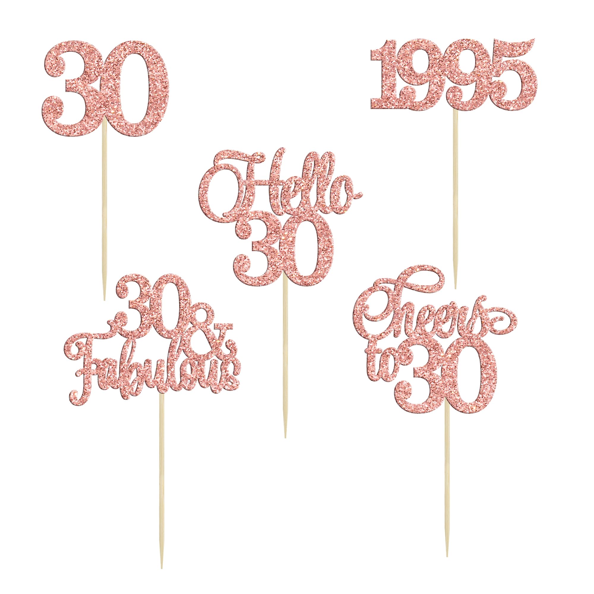 Gyufise 30Pcs 30th Birthday Cupcake Toppers Glitter Hello 30 Cupcake Topper Cheers to 30 1995 Thirty Cupcake Picks for Happy 30th Birthday Anniversary Party Cake Decorations Rose Gold