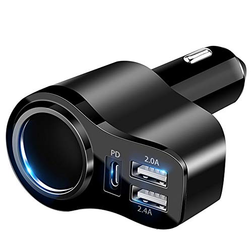 4 in 1 USB C Car Charger, 48W Multi USB Cigarette Lighter Adapter, Socket Splitter with 3 USB Ports, 12V/24V Dual USB Type C PD Fast Car Charger Adapter for iPhone 14/13/12/11,iPad,Samsung,LG,GPS