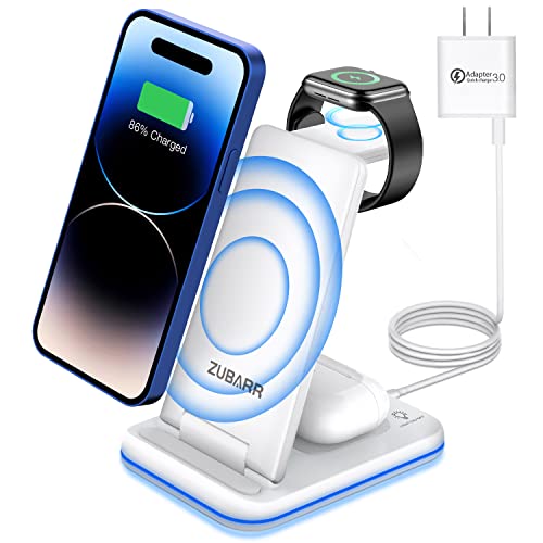ZUBARR Foldable Wireless Charger for Multiple Devices 3 in 1 Wireless Charging Station for Travel, Compatible with iPhone14 13 12 11/Pro/XR, iWatch Charger for7/6/5/4/3/2, Airpods Wireless/Pro