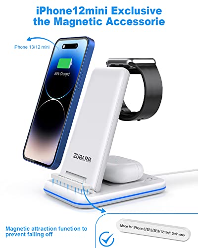 ZUBARR Foldable Wireless Charger for Multiple Devices 3 in 1 Wireless Charging Station for Travel, Compatible with iPhone14 13 12 11/Pro/XR, iWatch Charger for7/6/5/4/3/2, Airpods Wireless/Pro