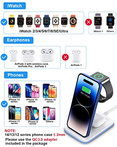 ZUBARR Foldable Wireless Charger for Multiple Devices 3 in 1 Wireless Charging Station for Travel, Compatible with iPhone14 13 12 11/Pro/XR, iWatch Charger for7/6/5/4/3/2, Airpods Wireless/Pro
