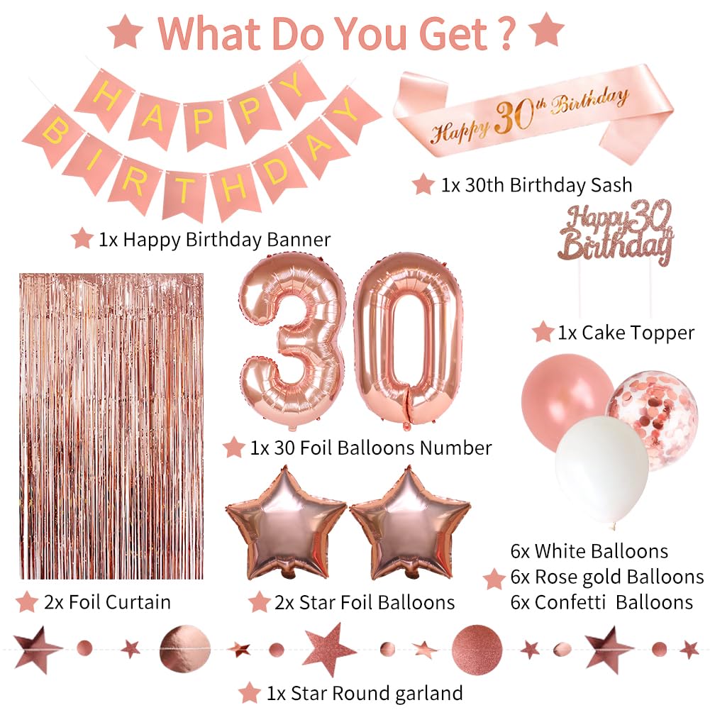 30th Birthday Decorations for Her, Happy Birthday Banner 30 Balloon Numbers Happy Birthday Cake Topper Rose Gold Curtain 30th Birthday Sash Anniversary Decorations Birthday Backdrop