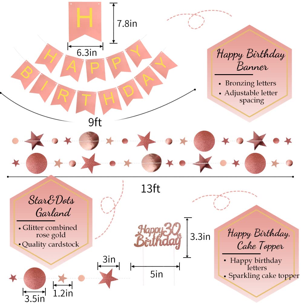 30th Birthday Decorations for Her, Happy Birthday Banner 30 Balloon Numbers Happy Birthday Cake Topper Rose Gold Curtain 30th Birthday Sash Anniversary Decorations Birthday Backdrop