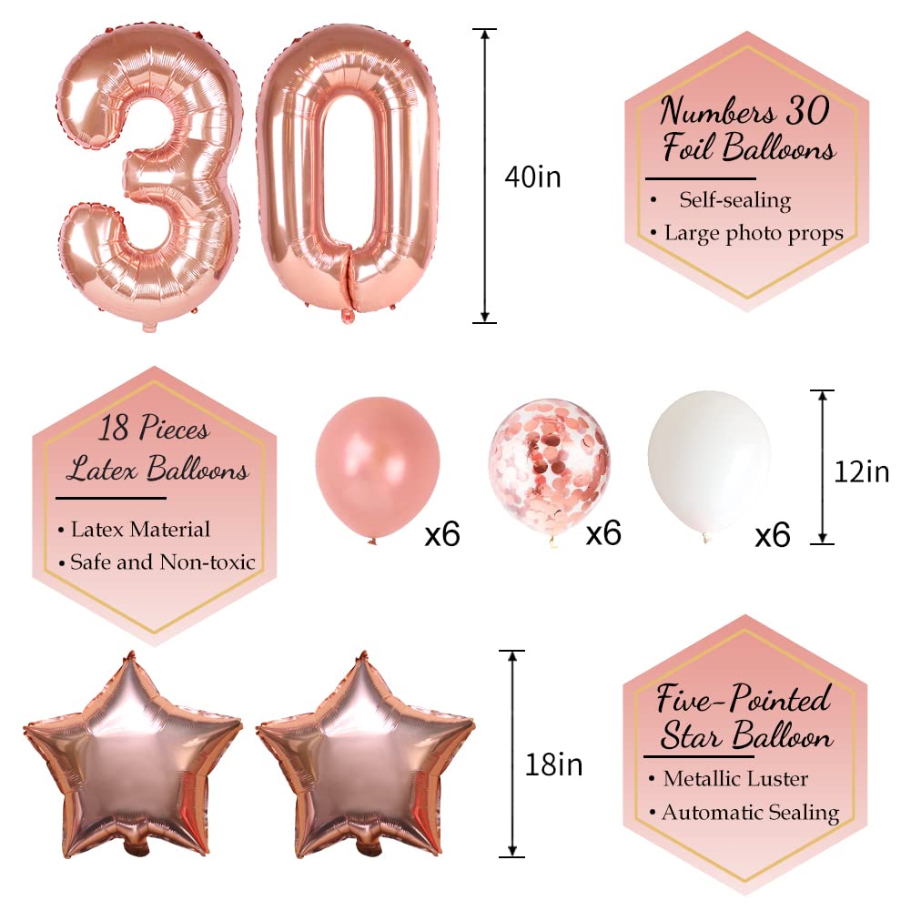 30th Birthday Decorations for Her, Happy Birthday Banner 30 Balloon Numbers Happy Birthday Cake Topper Rose Gold Curtain 30th Birthday Sash Anniversary Decorations Birthday Backdrop