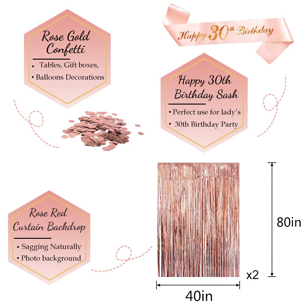 30th Birthday Decorations for Her, Happy Birthday Banner 30 Balloon Numbers Happy Birthday Cake Topper Rose Gold Curtain 30th Birthday Sash Anniversary Decorations Birthday Backdrop