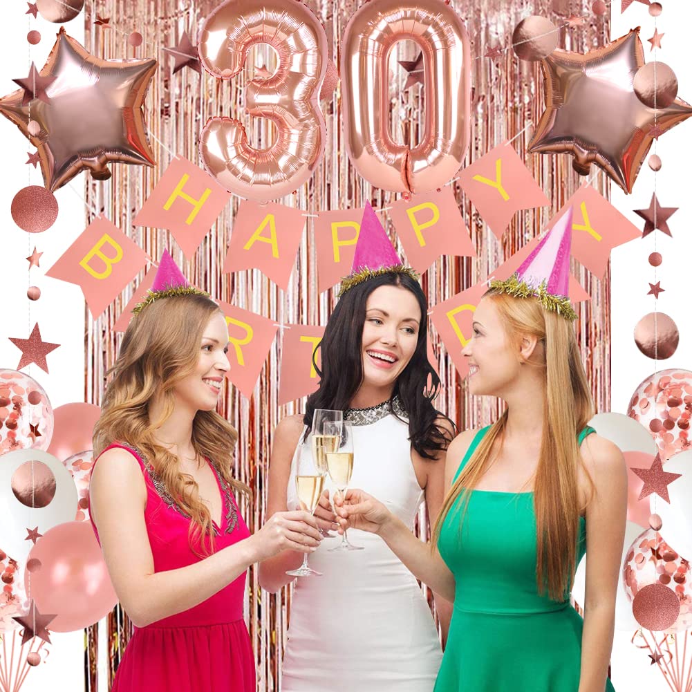30th Birthday Decorations for Her, Happy Birthday Banner 30 Balloon Numbers Happy Birthday Cake Topper Rose Gold Curtain 30th Birthday Sash Anniversary Decorations Birthday Backdrop
