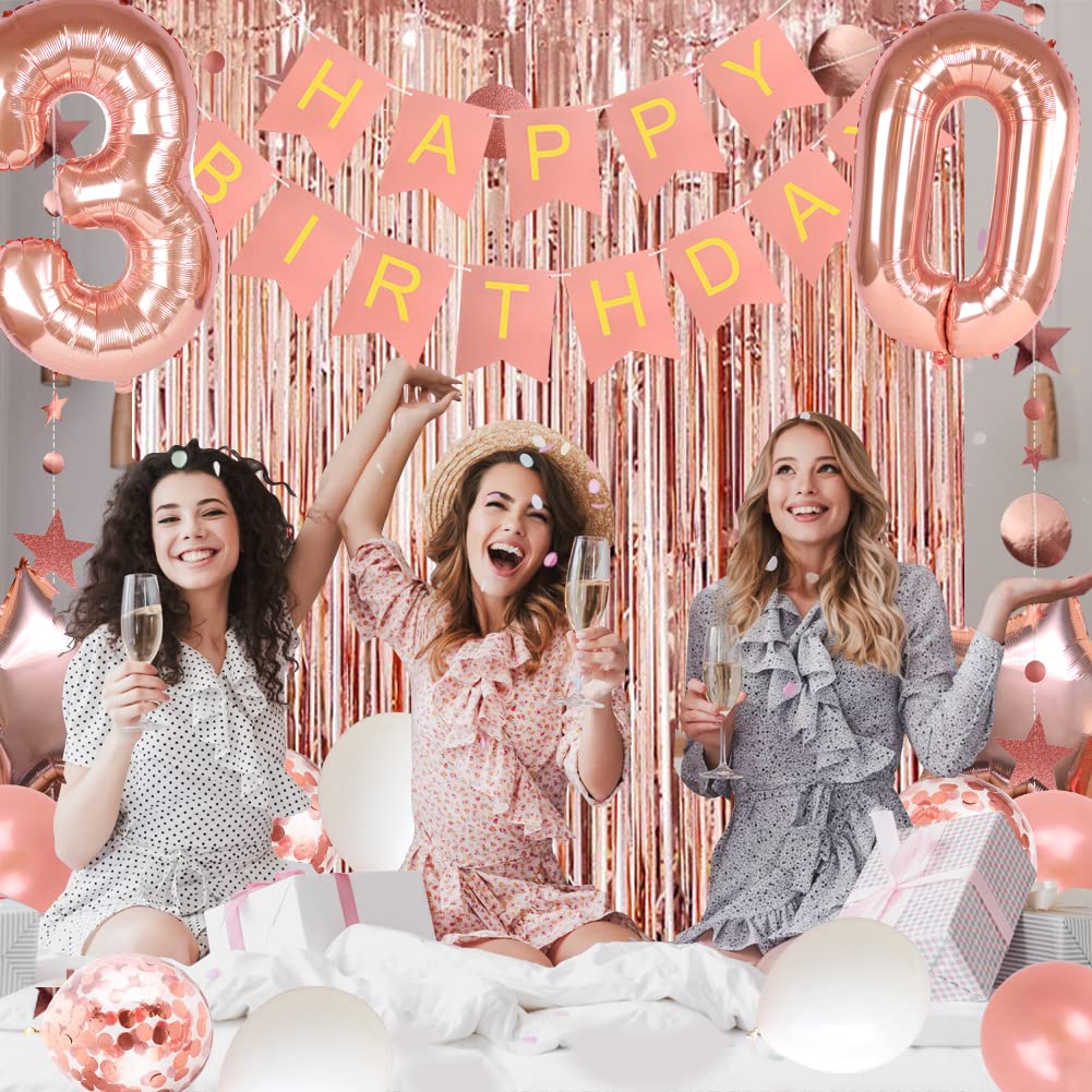 30th Birthday Decorations for Her, Happy Birthday Banner 30 Balloon Numbers Happy Birthday Cake Topper Rose Gold Curtain 30th Birthday Sash Anniversary Decorations Birthday Backdrop