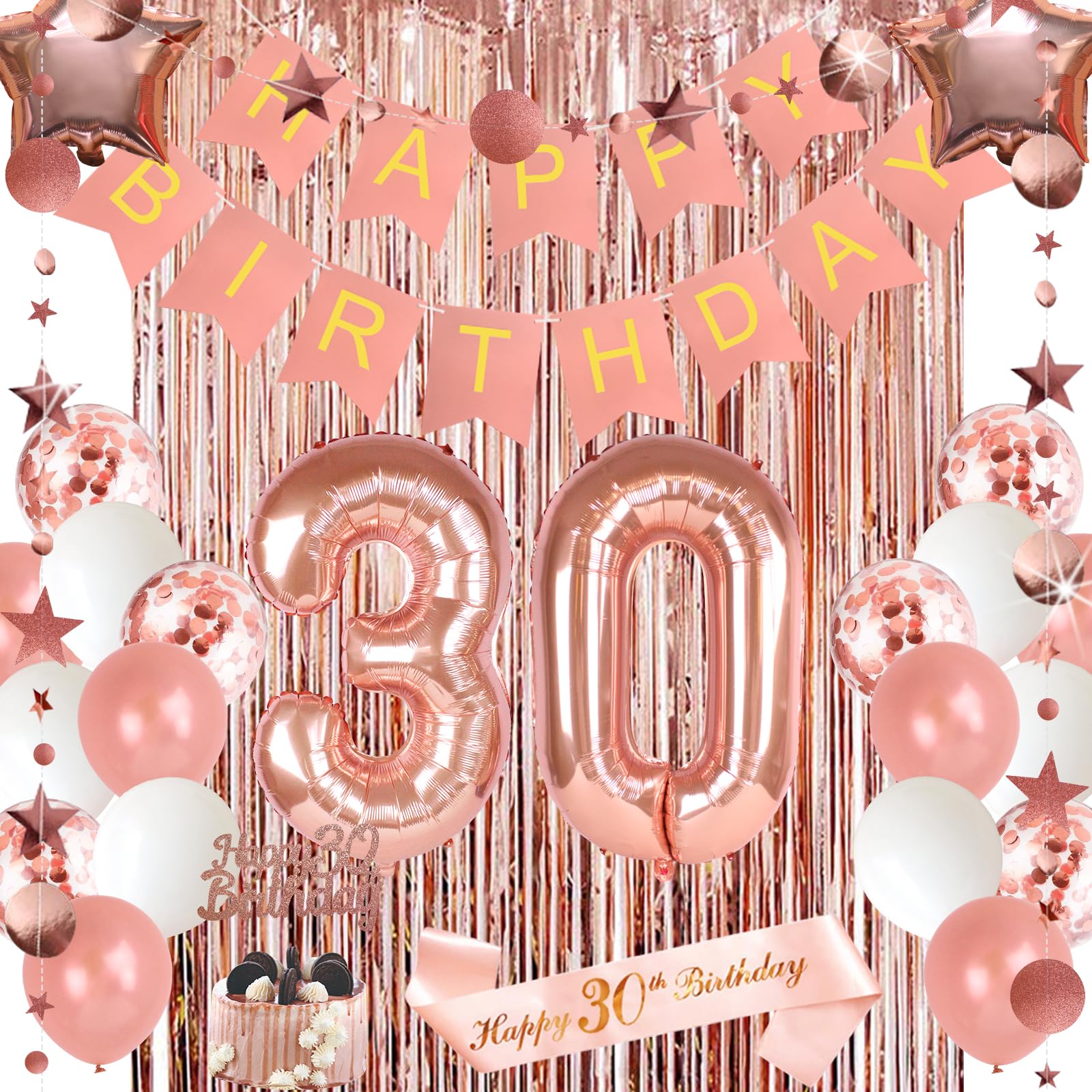 30th Birthday Decorations for Her, Happy Birthday Banner 30 Balloon Numbers Happy Birthday Cake Topper Rose Gold Curtain 30th Birthday Sash Anniversary Decorations Birthday Backdrop
