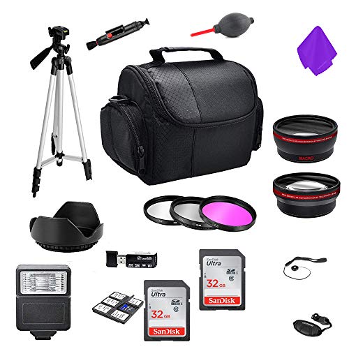 MJ EOS Rebel 2000D Digital SLR Camera with 18-55mm f3.5-5.6 Zoom Lens + 2X 32GB Sandisk SD Card + Wide and Telephoto Lens + Tripod + Gadget Bag + Deluxe Accessory Bundle, Black (Canon 2000D)