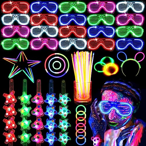SHQDD140PCS Led Light Up Toys Party Supplies, 20 Flashing Glasses, 20 LED Fidget Spinner Bracelets, 100 Glow Sticks In Dark Party Supplies for Kids Adult, Light Up Party Favors for Birthday Cosplay
