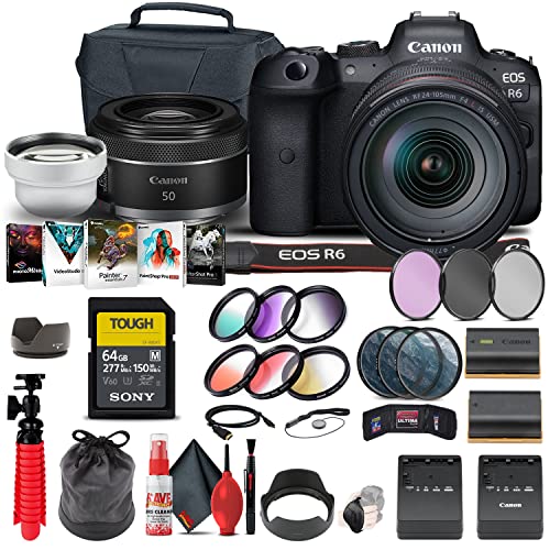 Canon EOS R6 Mirrorless Digital Camera with 24-105mm f/4L Lens (4082C012) + Canon RF 50mm f/1.8 STM Lens + 64GB Tough Card + Color Filter Kit + Case + Filter Kit + Photo Software + More (Renewed)