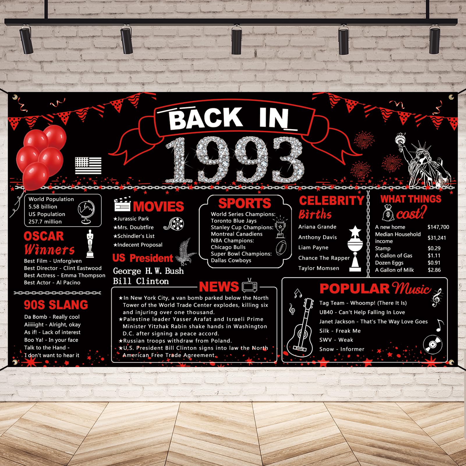DARUNAXY Red 31st Birthday Party Decorations Black Red Back in 1993 Banner 31 Year Old Birthday Party Poster Supplies Vintage 1993 Backdrop Photography Background for Men & Women 31st Class Reunion
