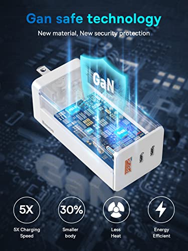 USB C Charger, Baseus 65W USB C Wall Charger, 3 Ports Foldable GaN Charger, Fast Charger for iPhone 14/Pro Max/SE/11/XR/XS, Samsung S22+/S22, MacBook Pro/Air, iPad, Laptops, Pixel 7, Steam Deck