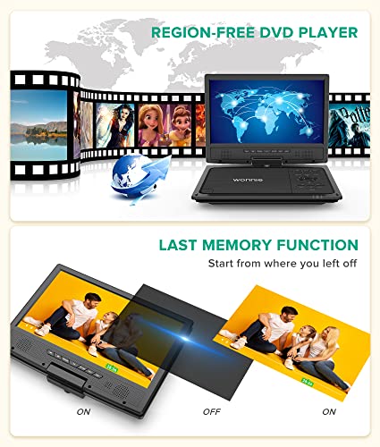 WONNIE 12.5" Portable DVD Player Car Headrest Video Players with 10.5" Swivel Screen, Car Headrest Holder, 5-Hours Rechargeable Battery, Regions Free, Support USB/SD Card/Sync TV