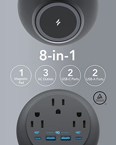 Anker Magnetic Desktop Charging Station(MagGo), 637 Magnetic Wireless Charger for iPhone13/12, 8-in-1 Power Strip with 3 AC,2 USB A,and 2 USB C,Max 65W Power Delivery Desktop Accessory for MacBook Pro
