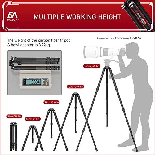 64.9'' Professional Heavy Duty Bowl Carbon Fiber Tripod, EVUMO 10-Layer Carbon Fibre Tube Camera Video Tripod for DSLR Digital Camcorder, with 40mm Leg & 75mm Bowl Adapter, Max Load 88lbs/40kg