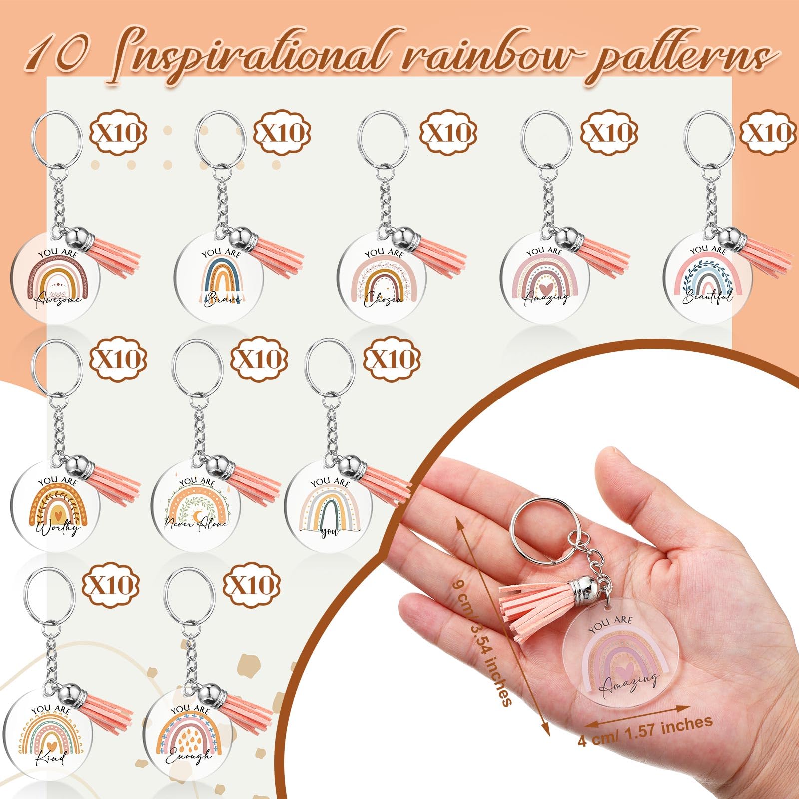 Unittype Boho Rainbow Key Chain Inspirational Keychain Thank You Gifts for Coworkers Appreciation Acrylic Tassels Keychain (100 Pcs)
