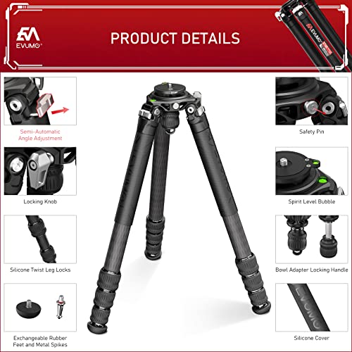 64.9'' Professional Heavy Duty Bowl Carbon Fiber Tripod, EVUMO 10-Layer Carbon Fibre Tube Camera Video Tripod for DSLR Digital Camcorder, with 40mm Leg & 75mm Bowl Adapter, Max Load 88lbs/40kg