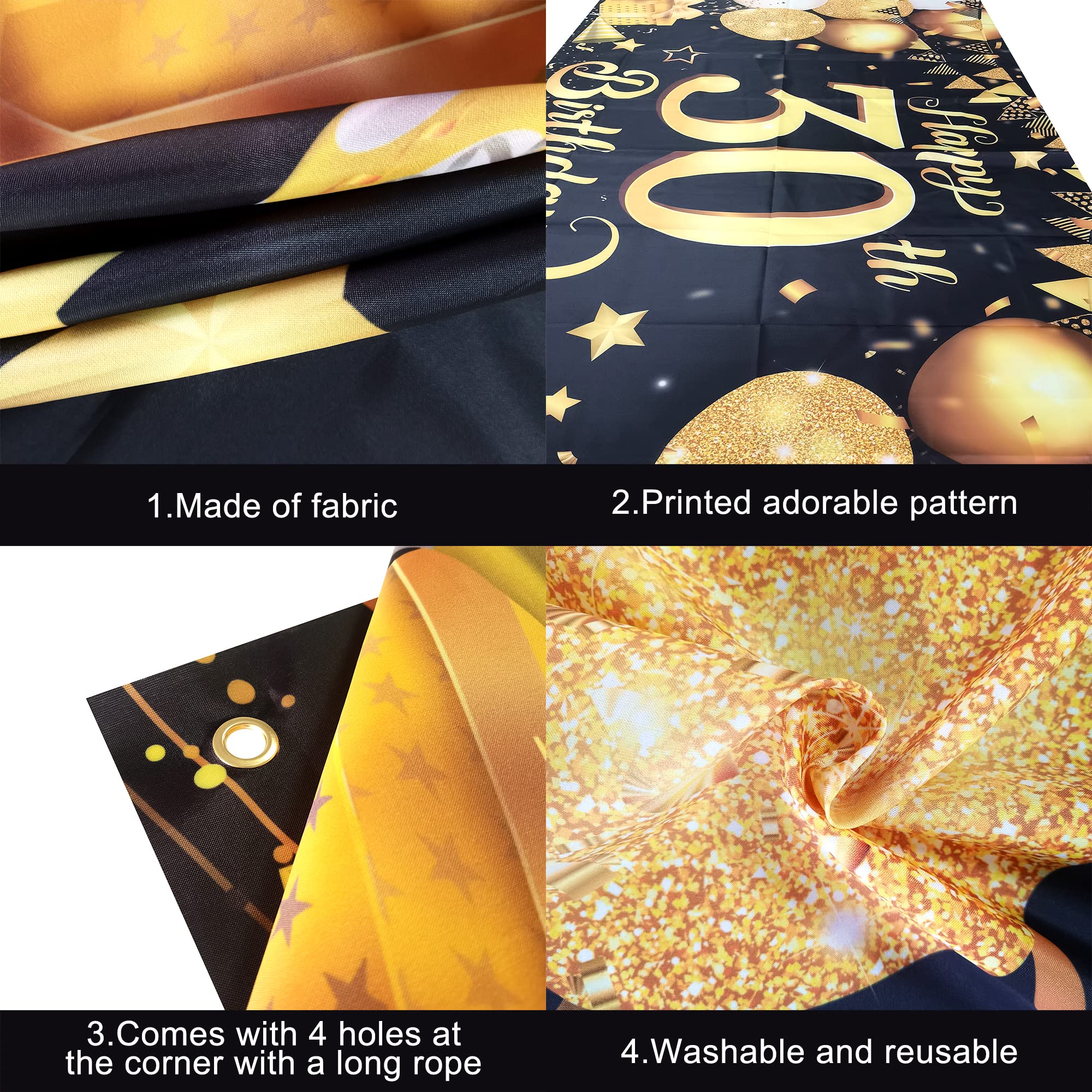 KatchOn, Happy 30th Birthday Backdrop - Large, 72x44 Inch | Black and Gold 30th Birthday Decorations | Happy 30th Birthday Banner for 30th Birthday Party Men, Women