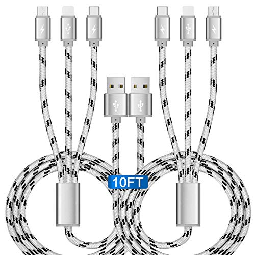 2pcs ASICEN 10Ft/3m Multi USB Fast Charger Cord 3A, 3-in-1 Charging Cable for Phone/Micro-USB/Type-C Compatible with Cell Phones/Samsung Galaxy/Pixel/LG/Tablets and More