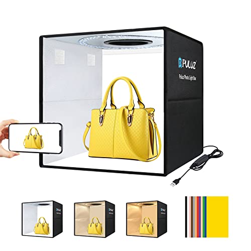 Upgraded PULUZ Photo Studio Light Box 16"/40cm Portable Foldable Photo Light Tent, Professional Tri-Color Dimmable Shooting Tent Kit with 144 LED Lights & 6 Backgrounds (12 Colors)