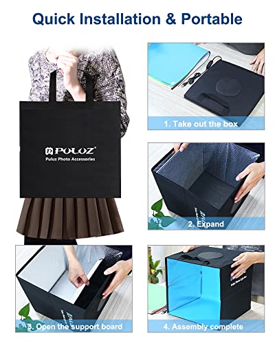 Upgraded PULUZ Photo Studio Light Box 16"/40cm Portable Foldable Photo Light Tent, Professional Tri-Color Dimmable Shooting Tent Kit with 144 LED Lights & 6 Backgrounds (12 Colors)