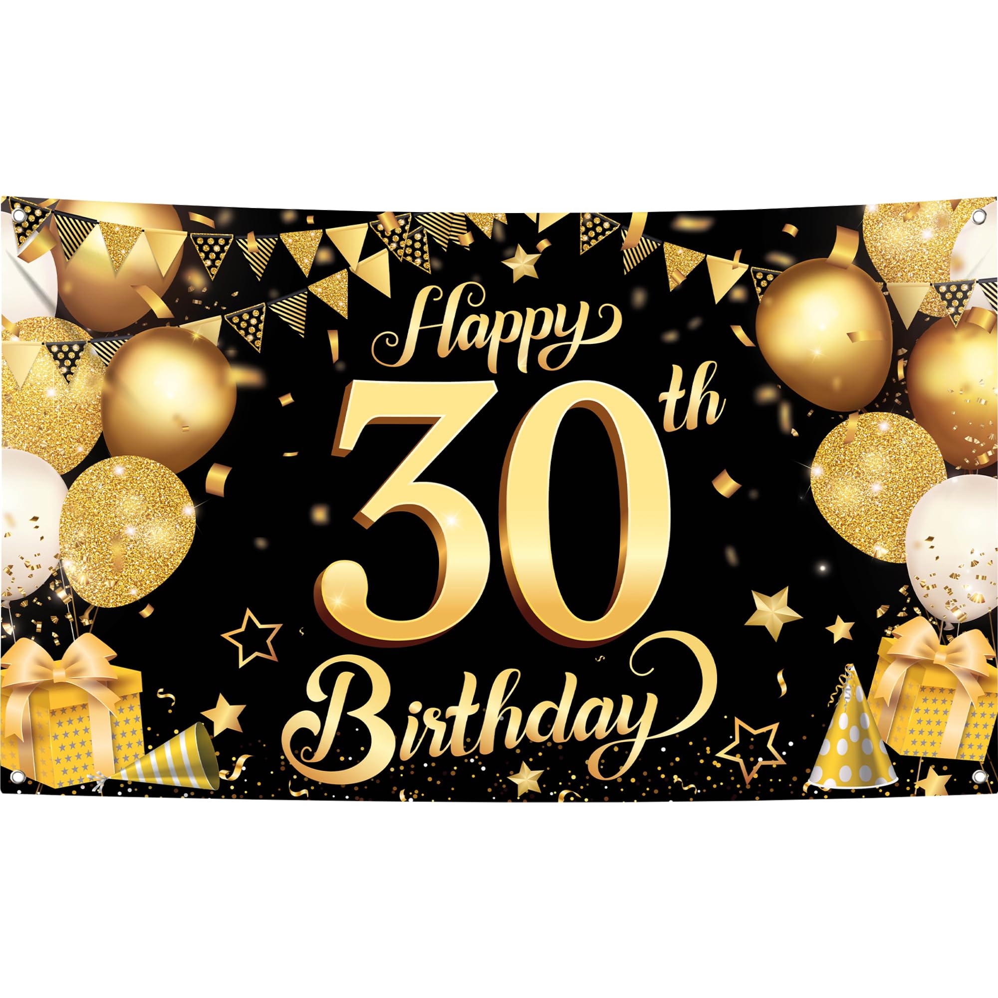 KatchOn, Happy 30th Birthday Backdrop - Large, 72x44 Inch | Black and Gold 30th Birthday Decorations | Happy 30th Birthday Banner for 30th Birthday Party Men, Women