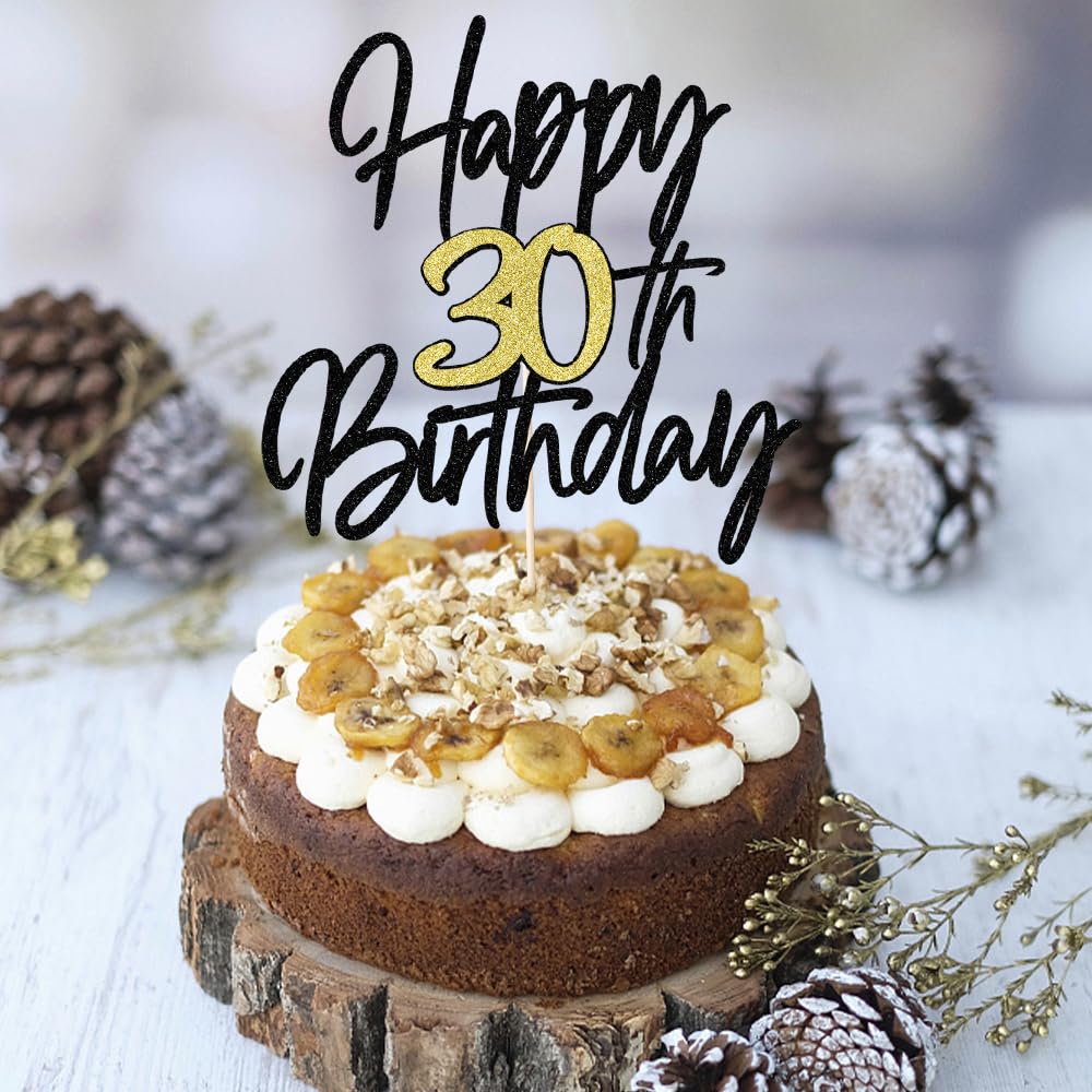 Black and gold happy 30th birthday cake Topper,Flash 30th birthday party cake decorations,happy birthday cake decoration 30th birthday party decoration gift plugin (30-1)