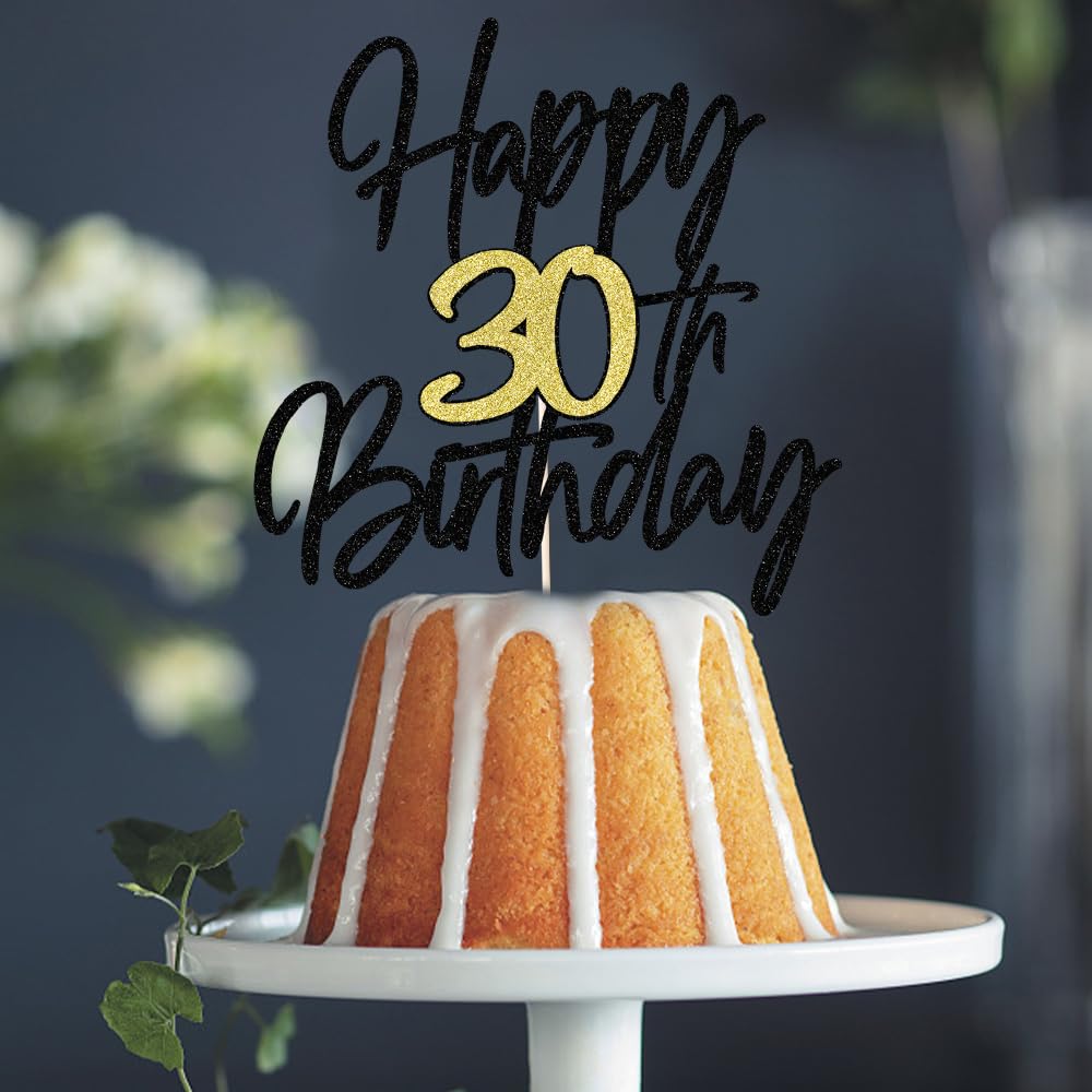 Black and gold happy 30th birthday cake Topper,Flash 30th birthday party cake decorations,happy birthday cake decoration 30th birthday party decoration gift plugin (30-1)