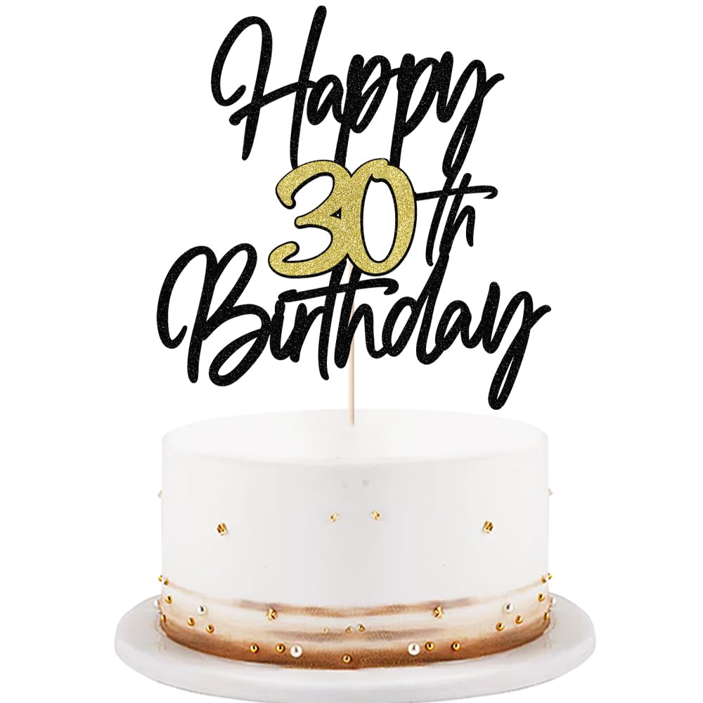 Black and gold happy 30th birthday cake Topper,Flash 30th birthday party cake decorations,happy birthday cake decoration 30th birthday party decoration gift plugin (30-1)