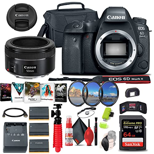 Canon EOS 6D Mark II DSLR Camera (Body Only) (1897C002) + Canon EF 50mm Lens + 64GB Memory Card + Case + Filter Kit + Photo Software + LPE6 Battery + Flex Tripod + More (Renewed)