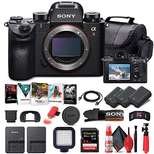 Sony Alpha a9 II Mirrorless Digital Camera (Body Only) (ILCE9M2/B) + 64GB Memory Card + 2 x NP-FZ100 Battery + Corel Photo Software + Case + External Charger + Card Reader + LED Light + More (Renewed)
